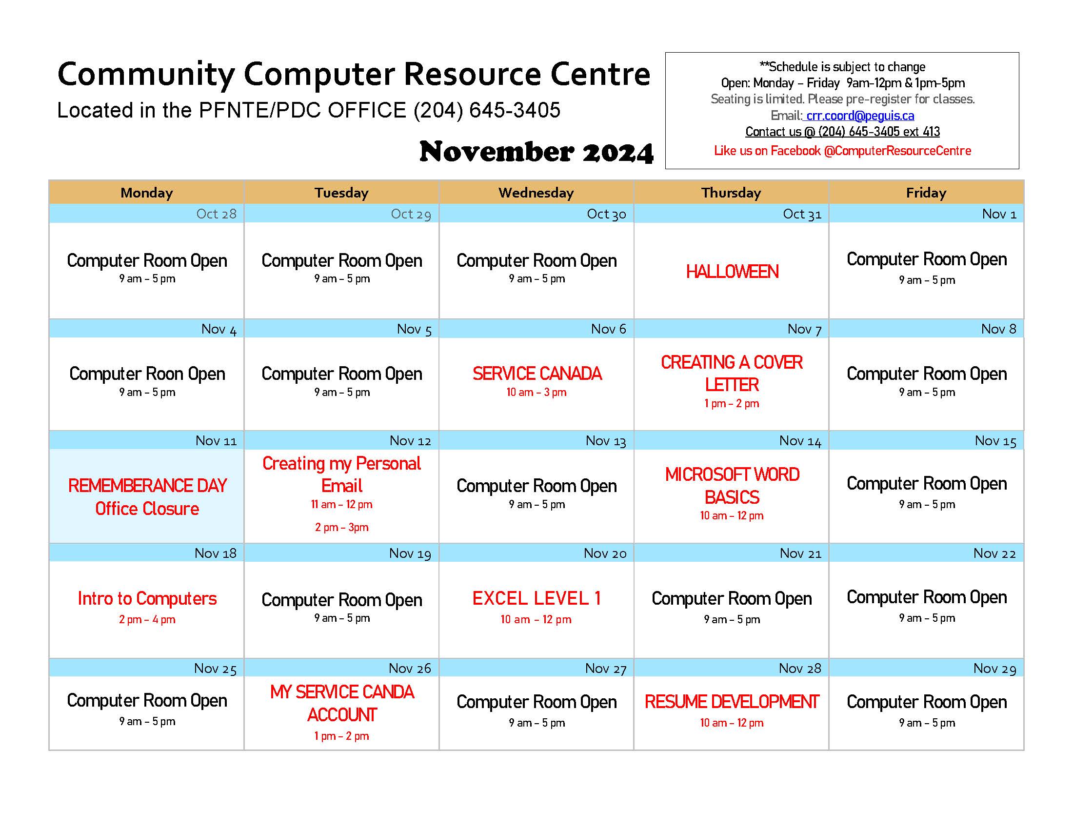 Community Computer Resource Centre - Calendar for November - Peguis First Nation